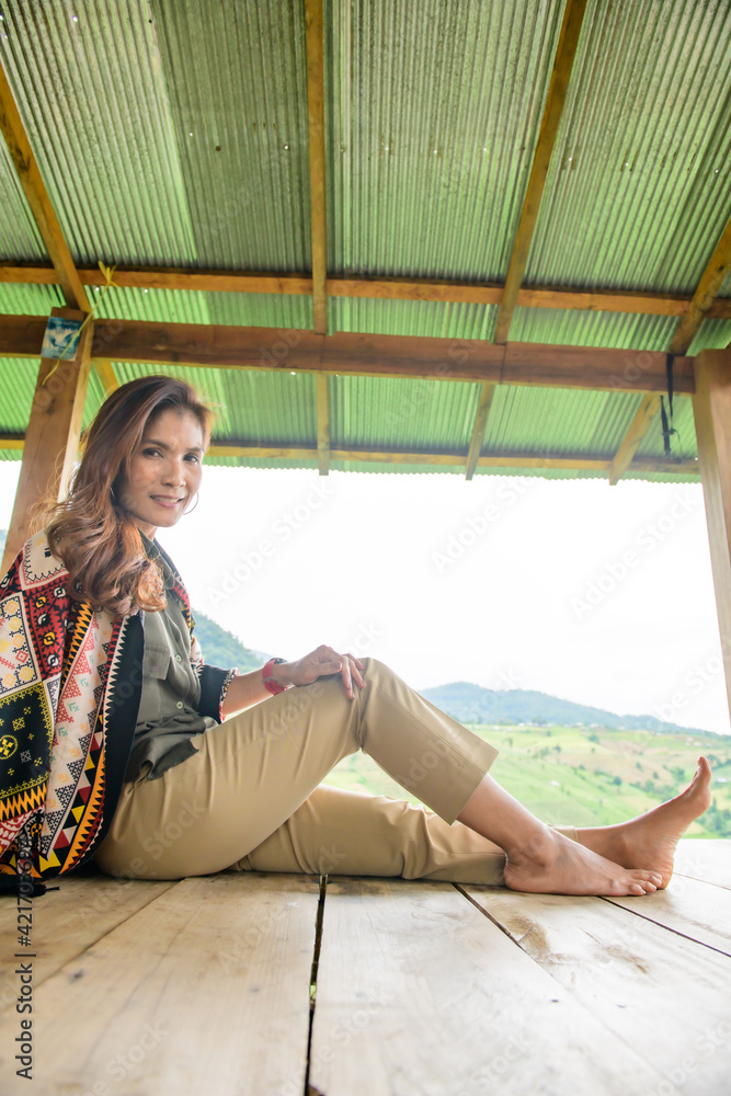 Asian Woman in Thai Native Pavilion with Rice Field Background at Pa ...