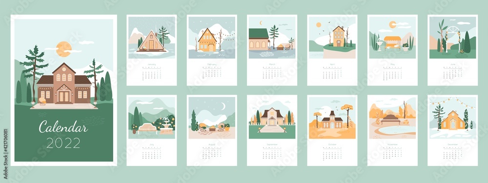 Calendar 2022 design concept with cozy houses and landscapes ...