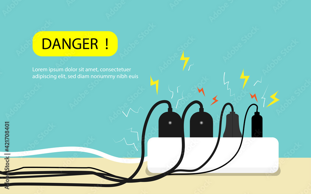 Electric risk burn. electric shock, Overload plug in power outlet in ...