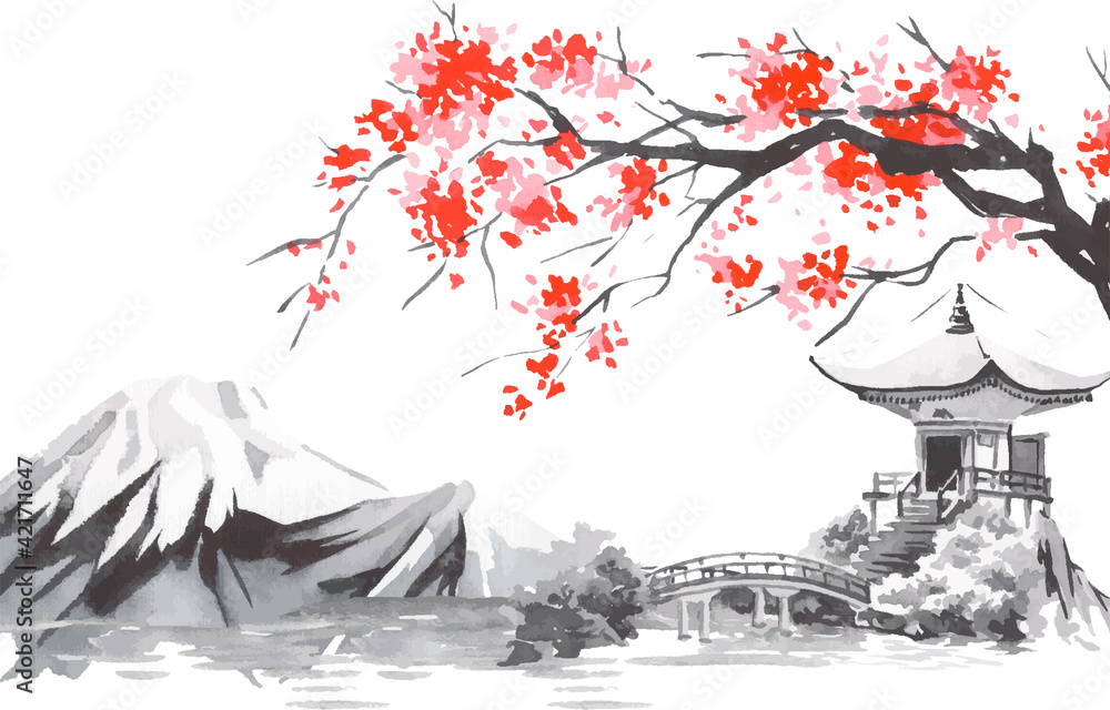 Japan traditional sumi-e painting. Fuji mountain, sakura, sunset. Japan ...