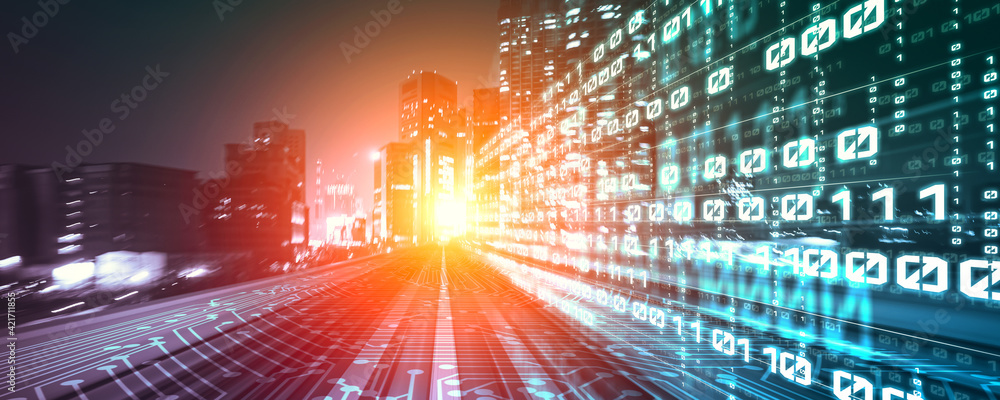 Digital data flow on road with motion blur to create vision of fast ...