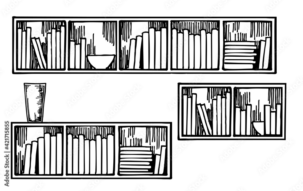 Bookshelves sketch. Hand drawn interior elements. Books on the ...