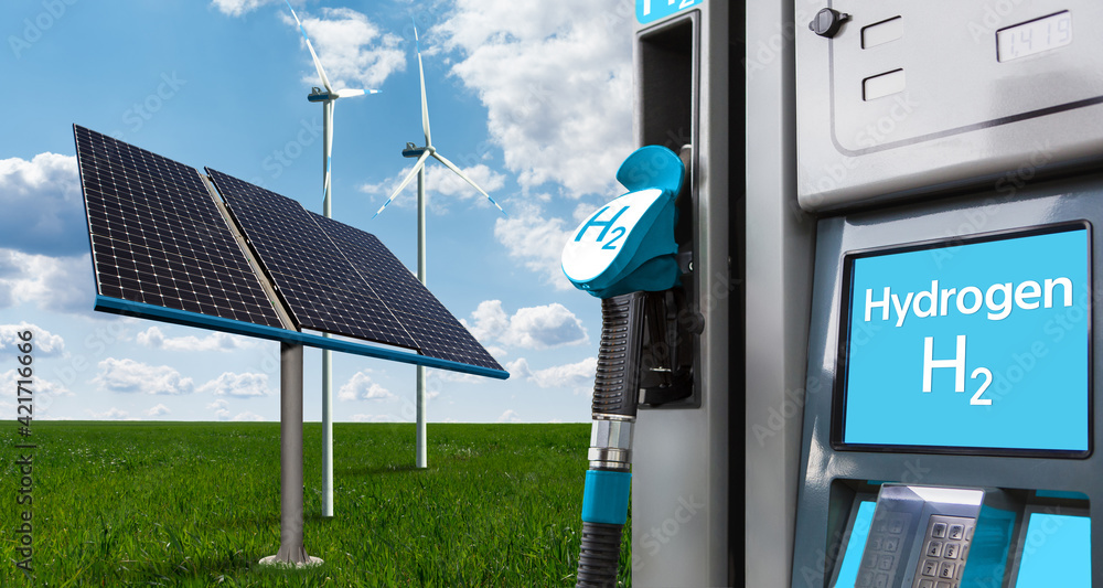 Hydrogen gas station with wind turbines and solar panels in the ...