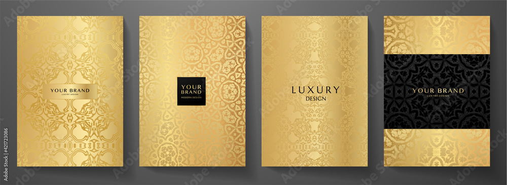 Luxury gold curve pattern cover design set. Elegant floral ornament on ...