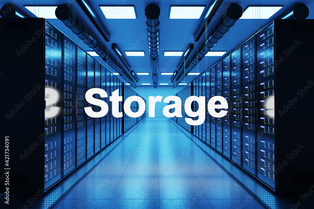 storage logo in large modern data center with multiple rows of network ...