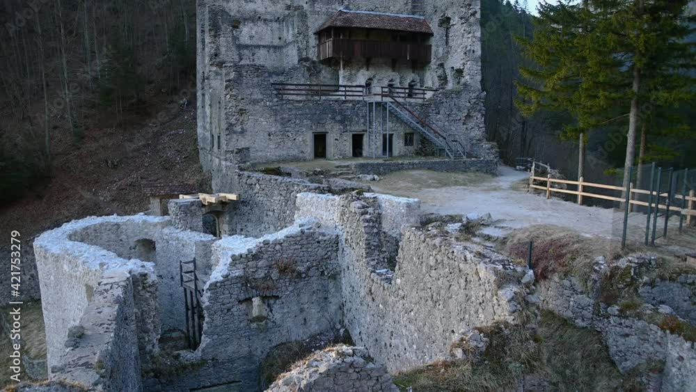 Decayed and collapsed defense thick walls in medieval castle Kamen ...