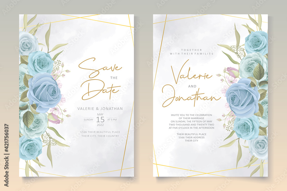 Elegant wedding card design with blue flowers Stock Vector | Adobe Stock