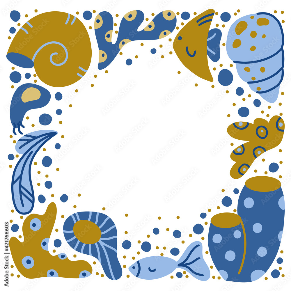 Blue and green sea frame with hand drawn ocean elements, copy space ...