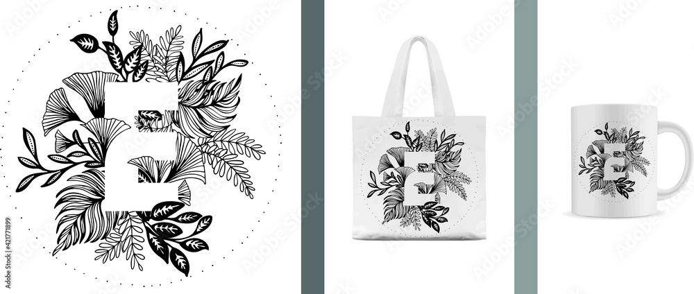 Vector Hand Drawn Floral Uppercase Monogram Letter E. Flowered Design ...
