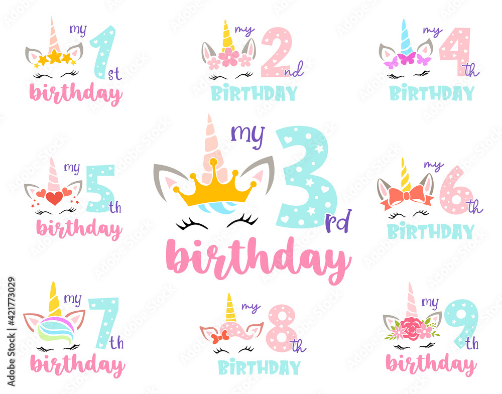 Unicorn birthday numbers for girl. Set of girly unicorn face with ...