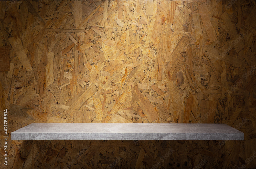 Wooden shelf and osb wood background of wall texture. Book shelf at ...