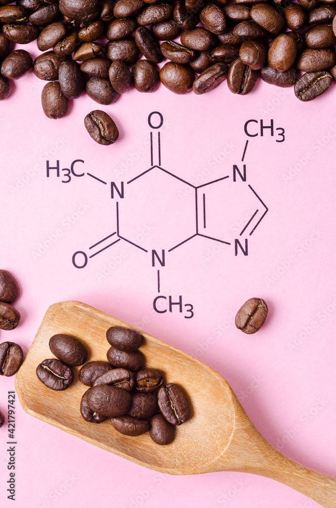 Structural chemical formula of caffeine molecule with roasted coffee ...