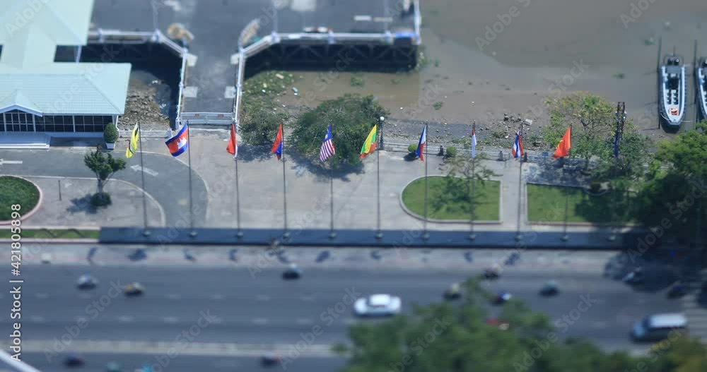 Miniature national flags of ASEAN countries on the city street in Ho ...