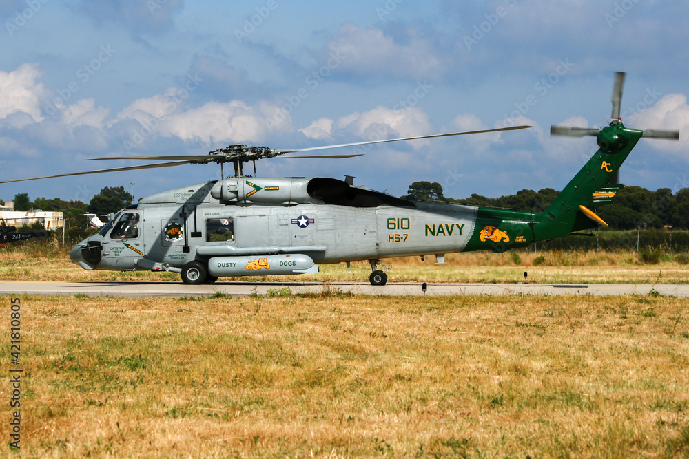 US Navy SH-60 Seahawk helicopter from USS Truman taking off at Hyeres ...