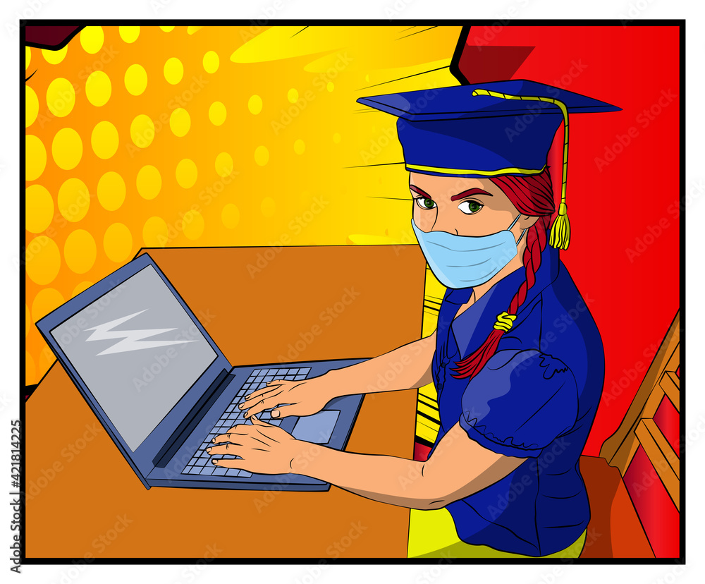 Online Virtual Graduation. Girls wearing face mask and graduation cap ...