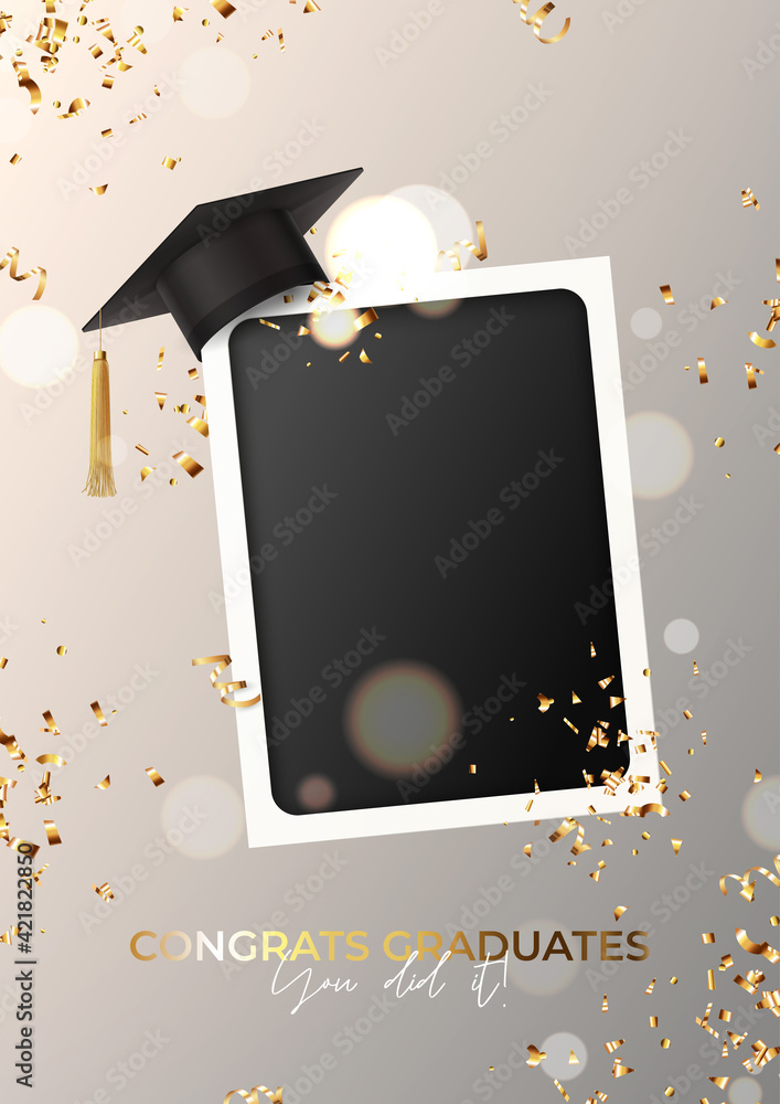 Poster for design of graduation. Blank photo frame with graduation cap ...