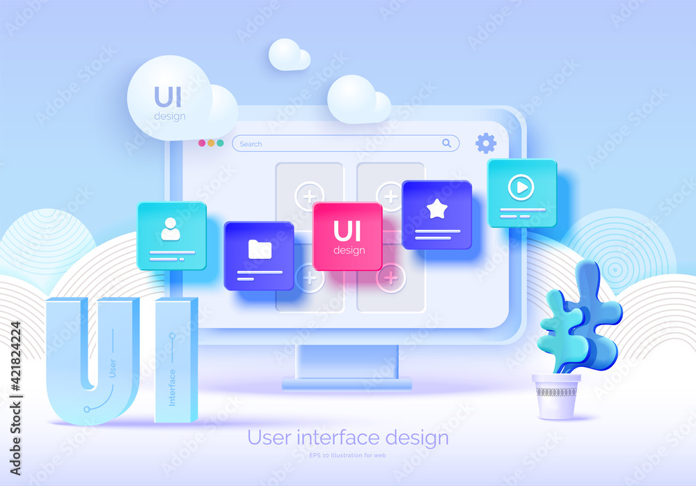 Mockup 3D monitor with user interface elements for web design Software ...