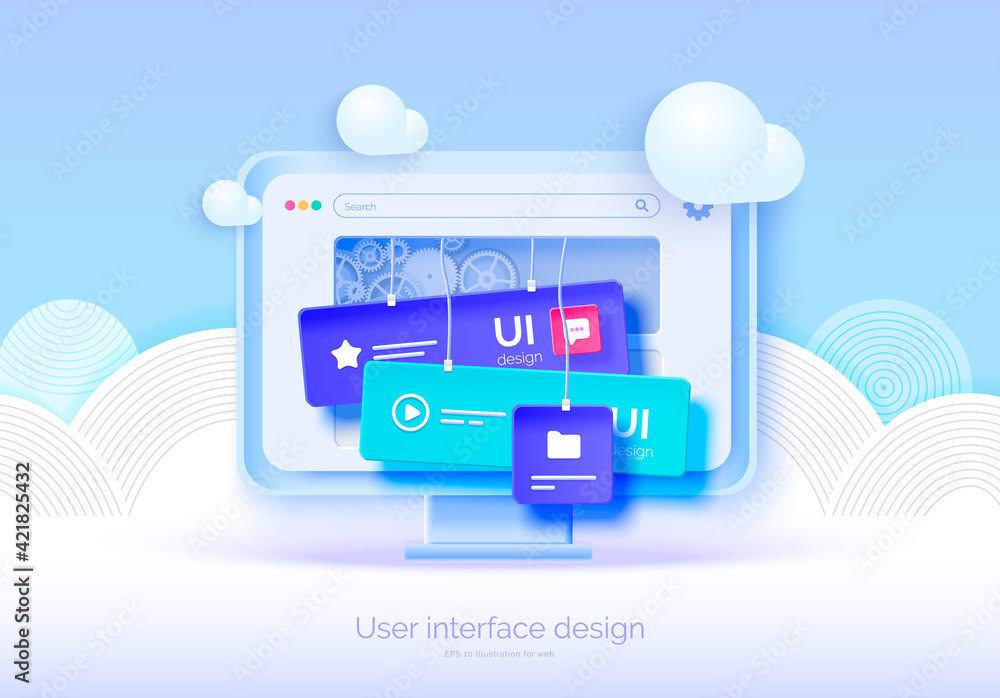 Mockup 3D monitor with user interface elements for web design Software creator. User interface ...