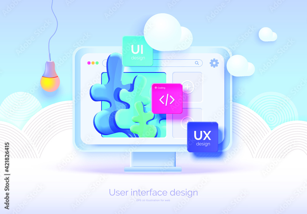 Mockup 3D monitor with user interface elements for web design Software creator. User interface ...