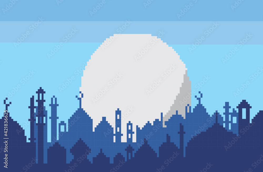 Pixel art ramadan background with mosque building shadows, blue sky and ...