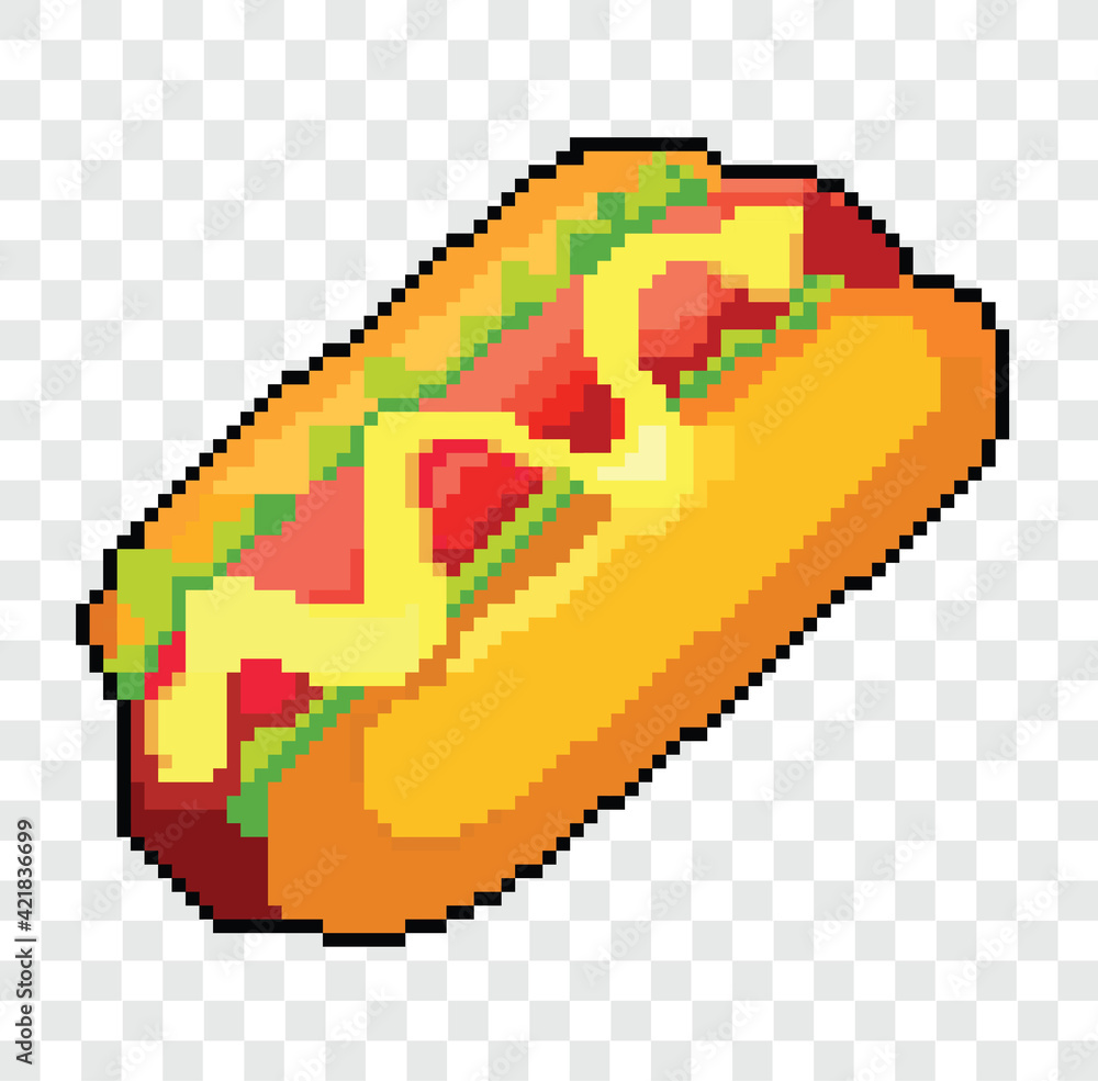 pixel art hot dog food bakery filled with red sausage covered in sauce ...