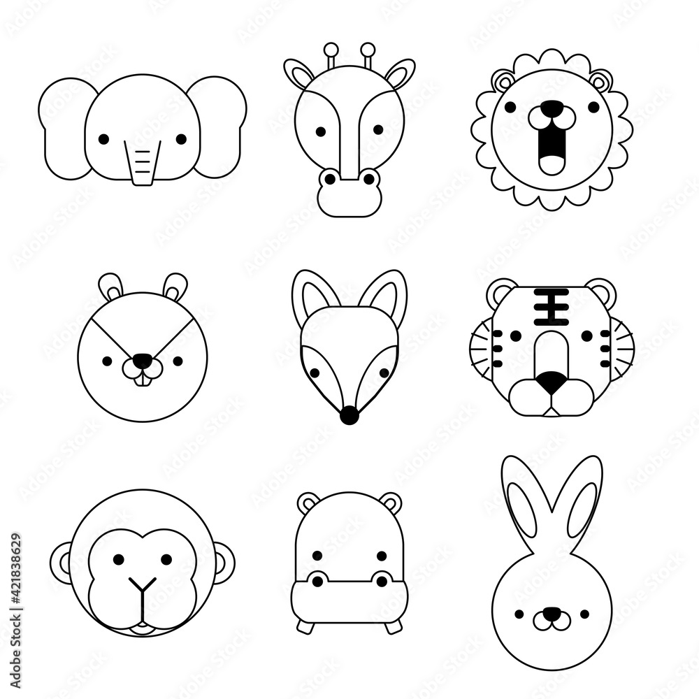 Outlined cute lion face, tiger faced, elephant face, giraffe face ...