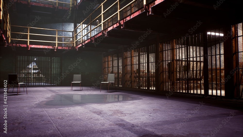 An old deserted prison with empty closed cells. View of the old empty ...