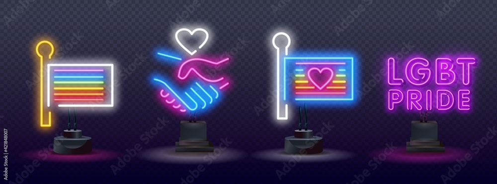 Pride neon text vector design template. LGBT neon icons, light banner ...