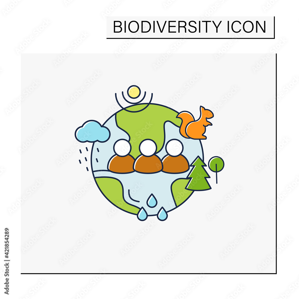 Humans and ecosystem color icon.People impact ecosystem. Protection ...