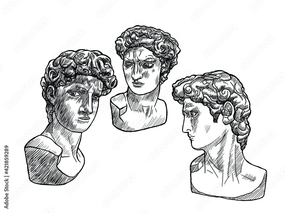Hand drawn vector sketch of a plaster bust of ancient Roman Apollo. A ...