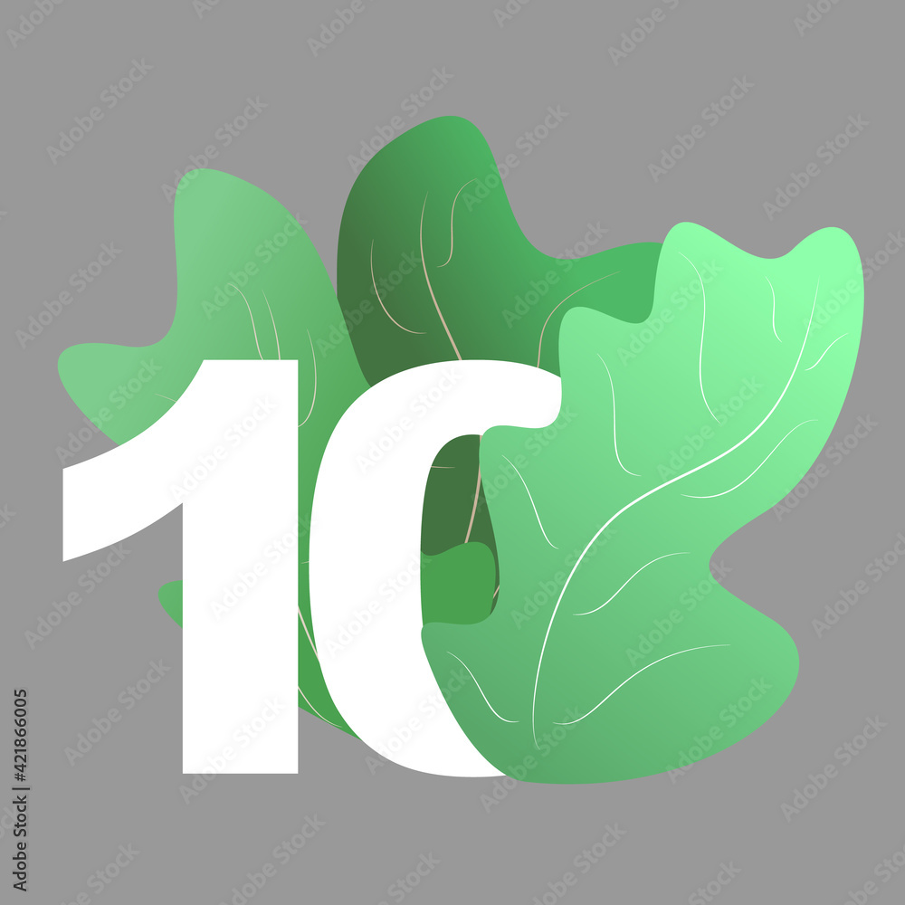Vector number ten with trending green leaves. The illustration is ...