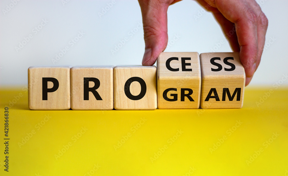 Process and program symbol. Businessman turns wooden cubes and changes ...