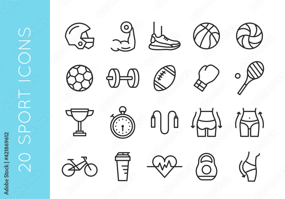 Sport icons. Set of 20 sport minimal icons. Soccer, Fitness, Gym ...