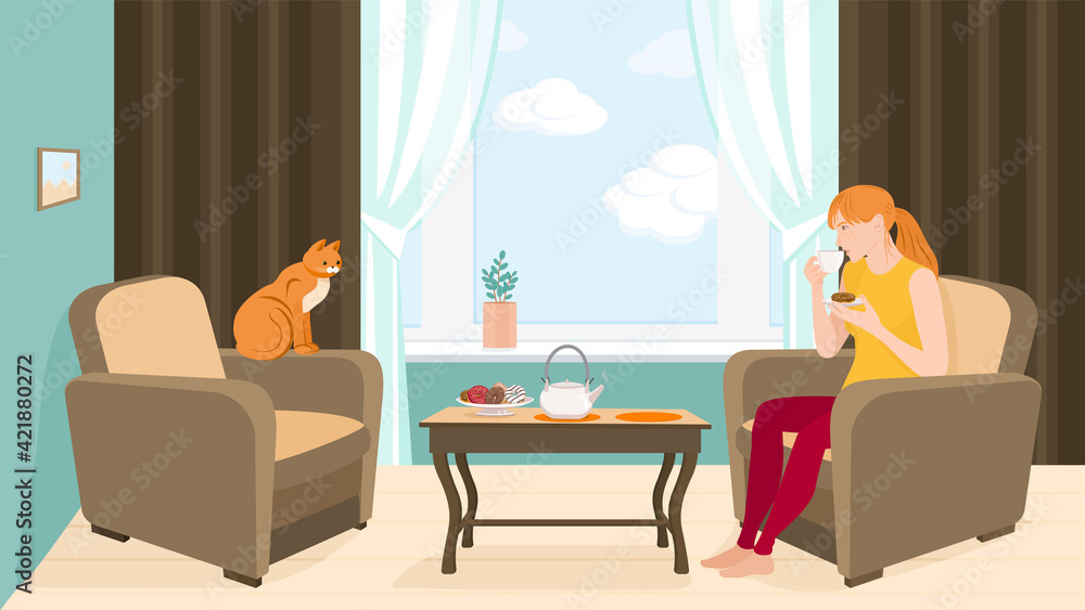 Red-haired young woman with a red cat drinking tea. Vector illustration ...