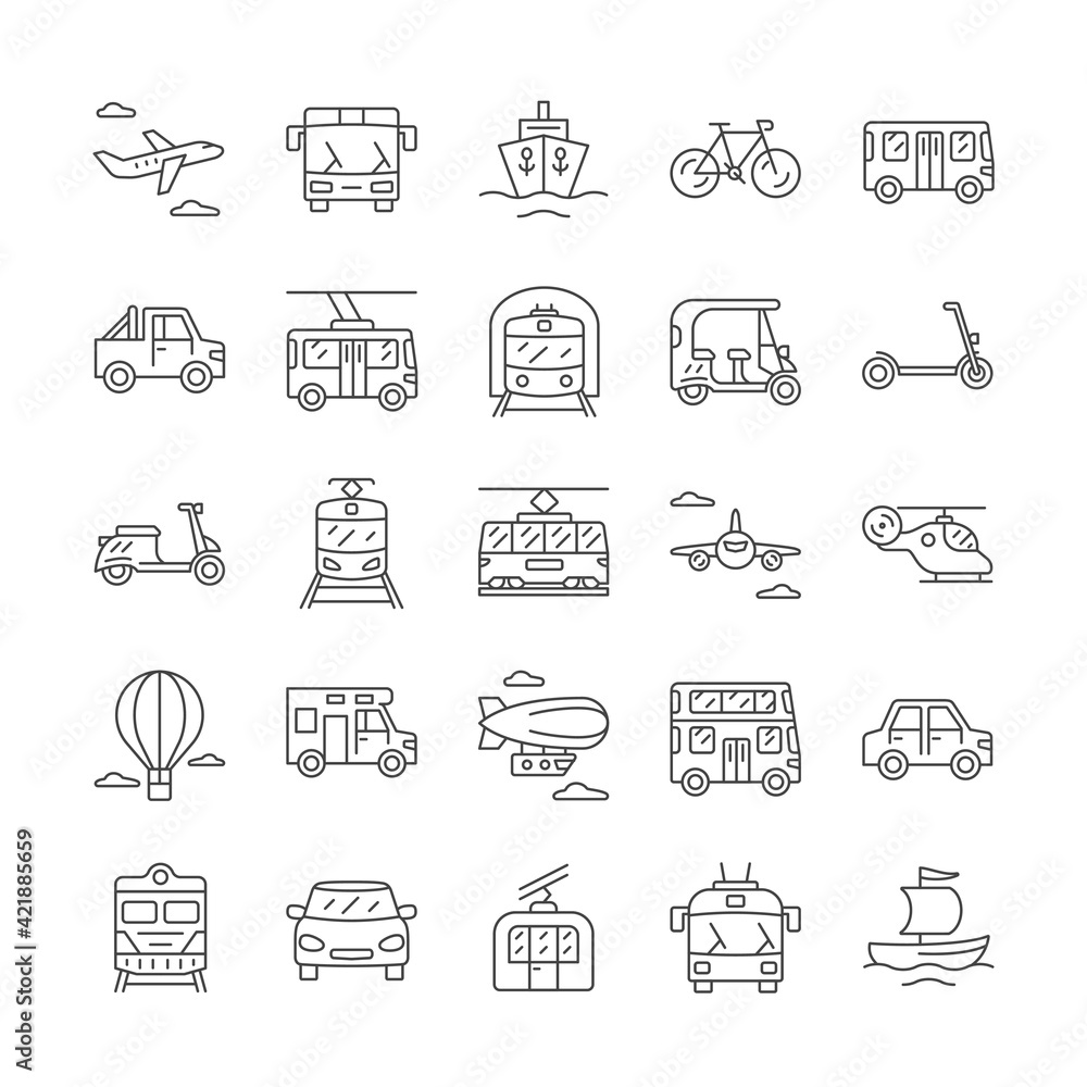 Large set of black and white line drawn public transport icons Stock ...