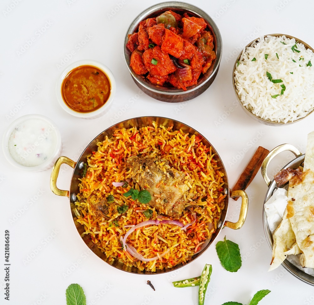 Indian Non veg meal Chicken biryani Roti Chilli chicken rice salan and ...