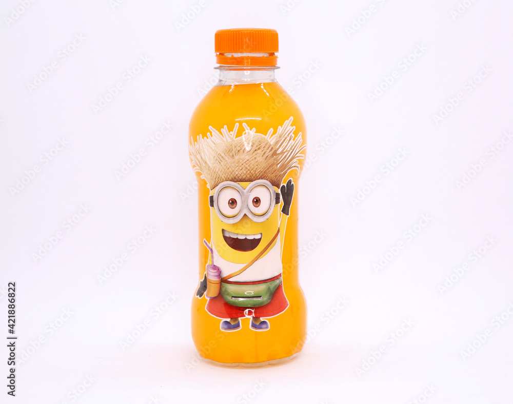 Bottle with Minion character. Bottle of orange soda. Minion of the ...