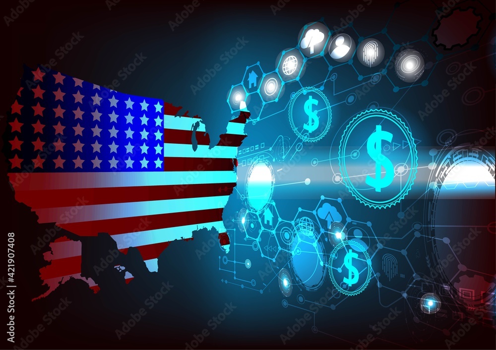 Network technology and USA map. USA map trade war economy conflict tax ...