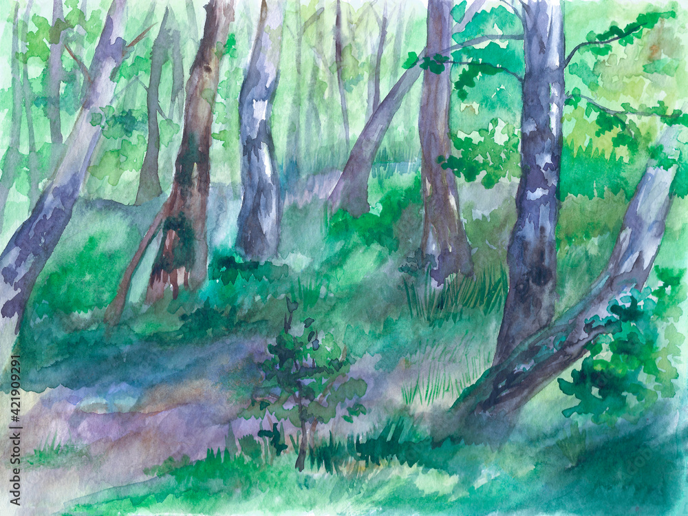 Green forest hand-drawn with watercolor. Interior design, Wallpaper ...