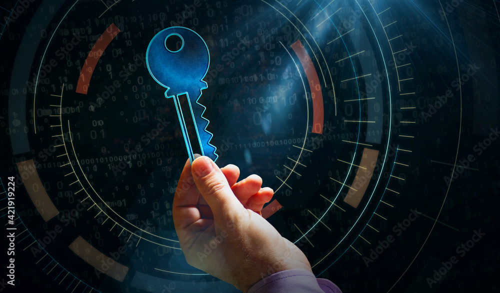 Cyber security with key metal symbol digital 3d illustration Stock ...