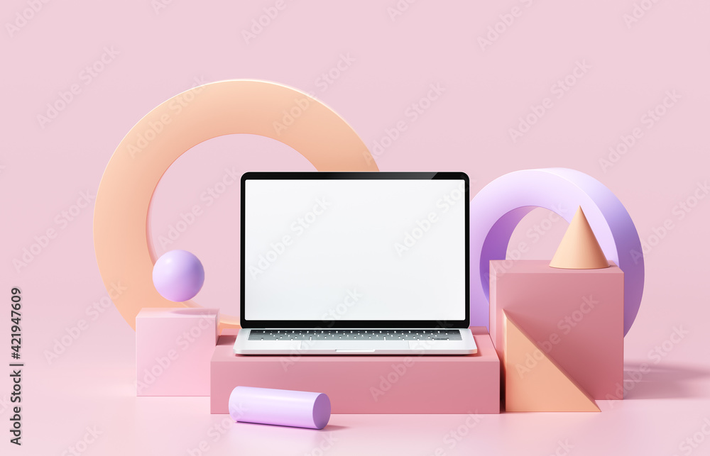 Minimal Laptop computer front view with blank white screen. Abstract ...