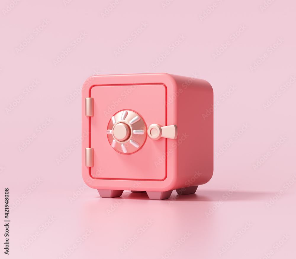 Red Safe box with gold coins stack font view on pink background. 3d ...