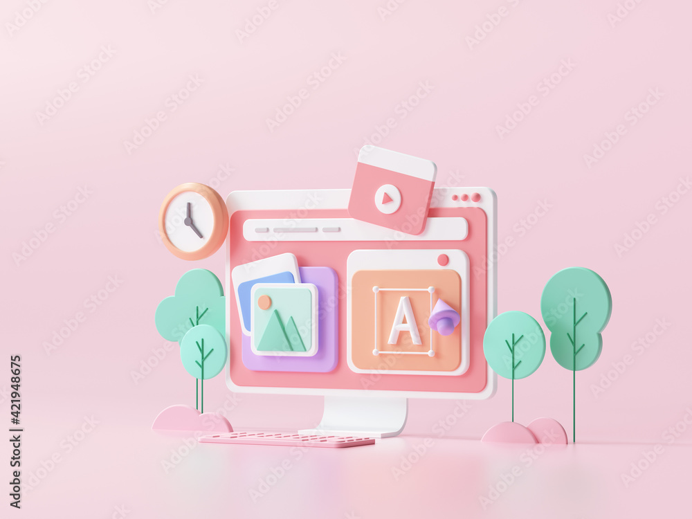 Web UI-UX design, web development concept. web building and SEO optimization marketing. 3d ...