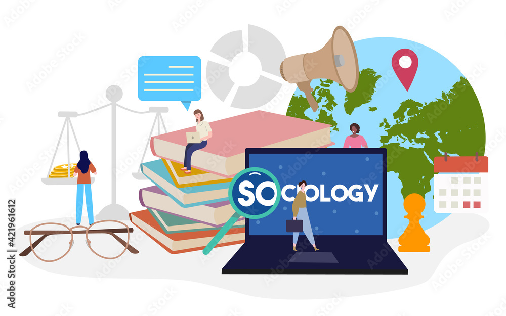 sociology studies concept people around laptop scale book speaker ...