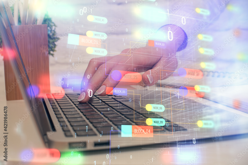 Double exposure of woman hands working on computer and data theme ...
