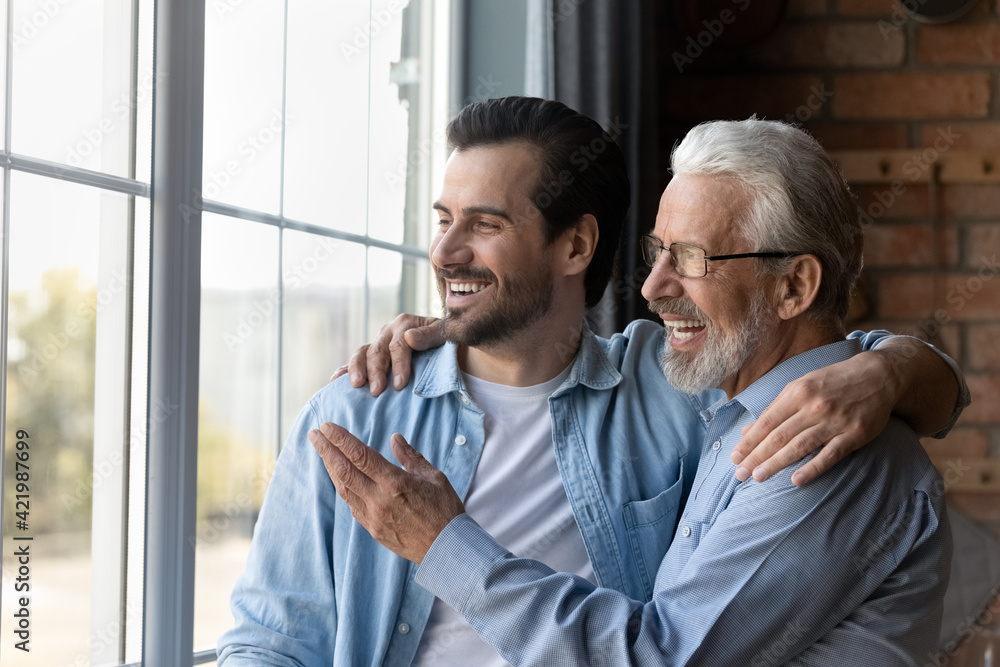 Smiling senior grey-haired Caucasian dad and adult son look in window ...