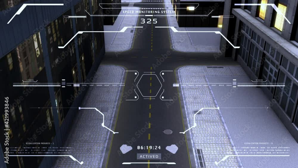 HUD Monitoring Aerial Street View Screen, Building 3D rendering ...
