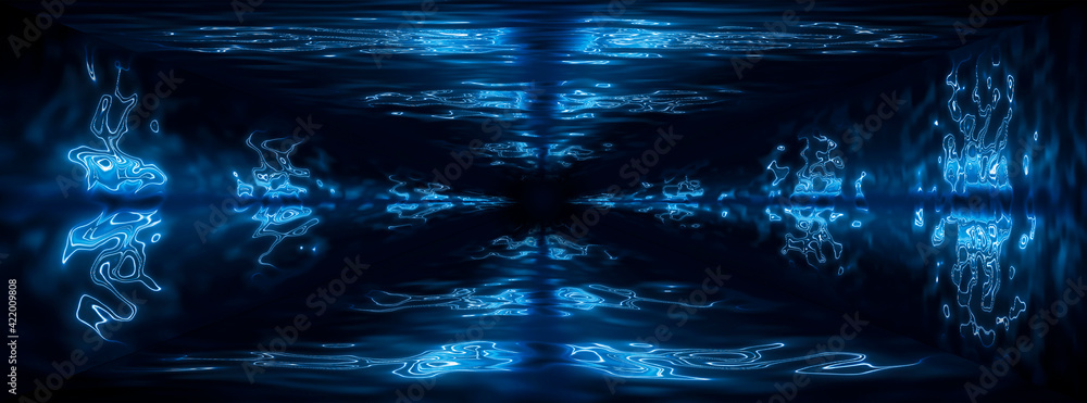 Water aqua tunnel. Underwater corridor, blue neon waves, water streaks ...