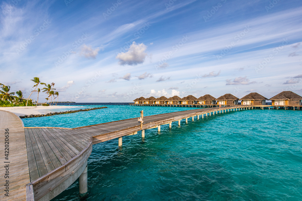 Ocean lagoon bay view, blue sky and clouds with wooden jetty and over ...