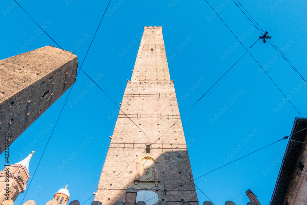 The tower Torre Asinelli in Bologna from below photographed in the ...